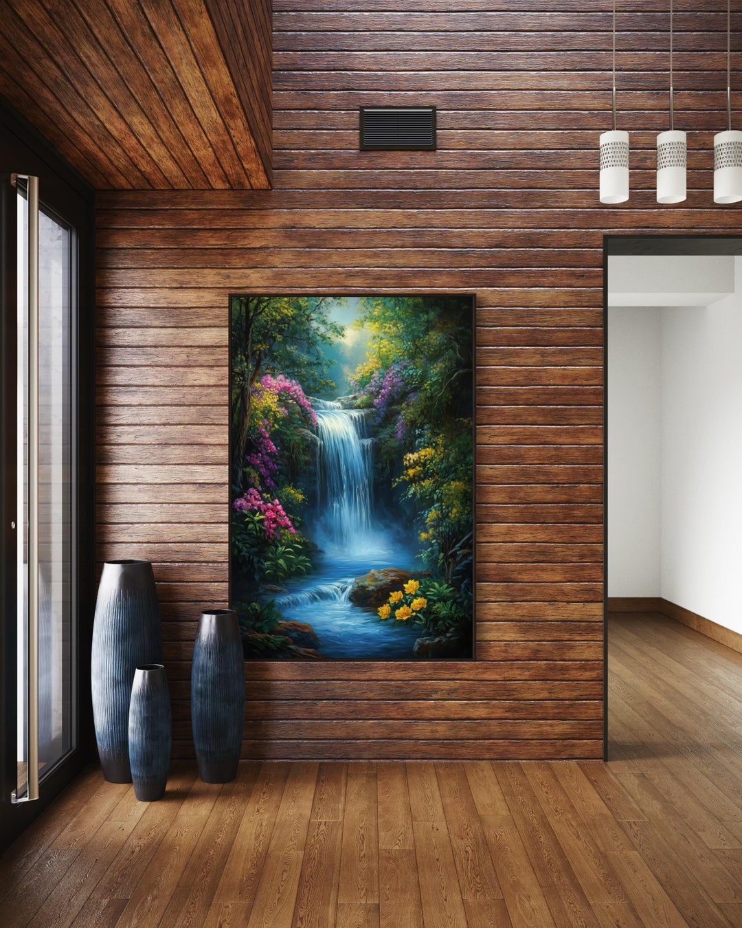 Waterfall Wall Art Canvas - Mystical Forest Print With Wildflowers, Zen ...
