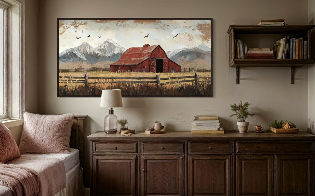 Red Barn Panoramic Landscape - Americana Countryside Wall Art Print ...