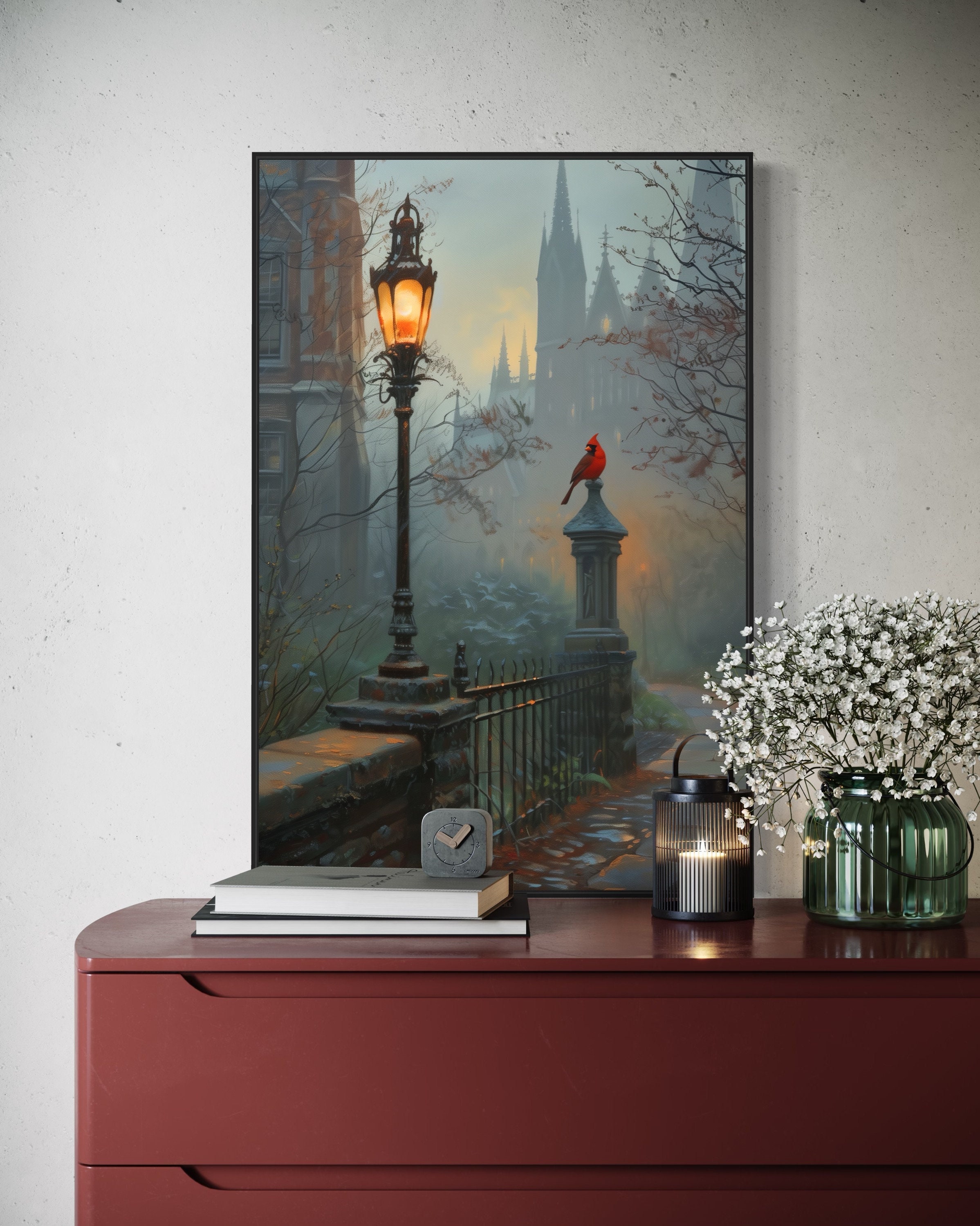 Gothic Cathedral and Red Cardinal Bird Art Print, Mystical Canvas Art ...