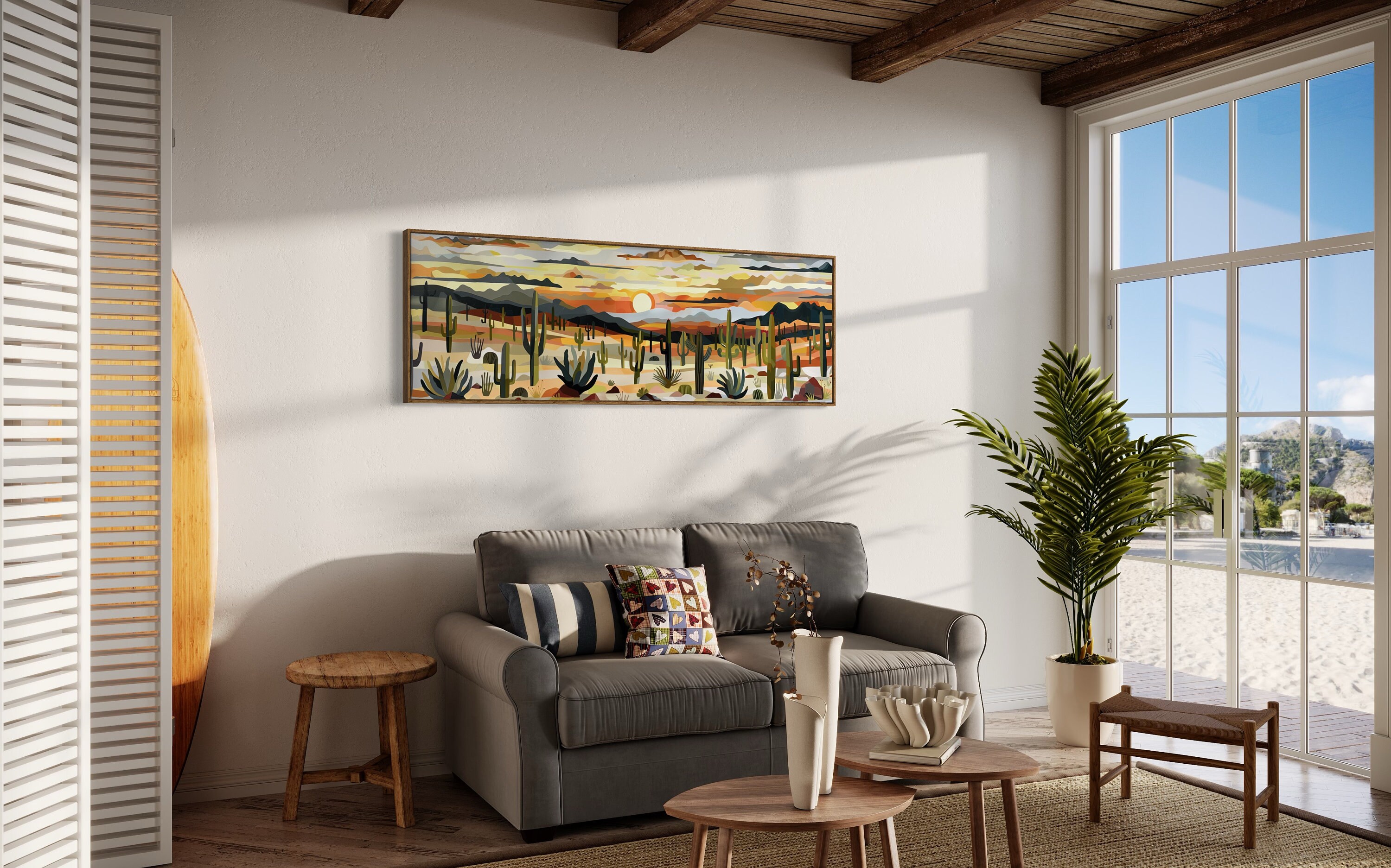 Boho Desert Sunset - Panoramic Cactus Landscape Print, Colorful Boho ...