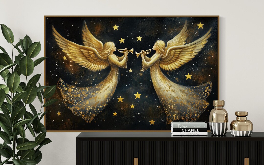Golden Angel Trumpet Canvas Art - Celestial Angels With Starry Sky ...