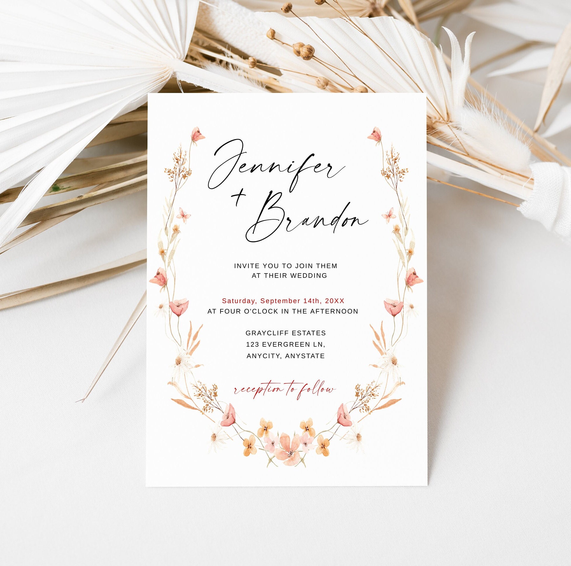 Boho Wedding Invitation, Printable Wedding Invite, Wildflower Wedding ...
