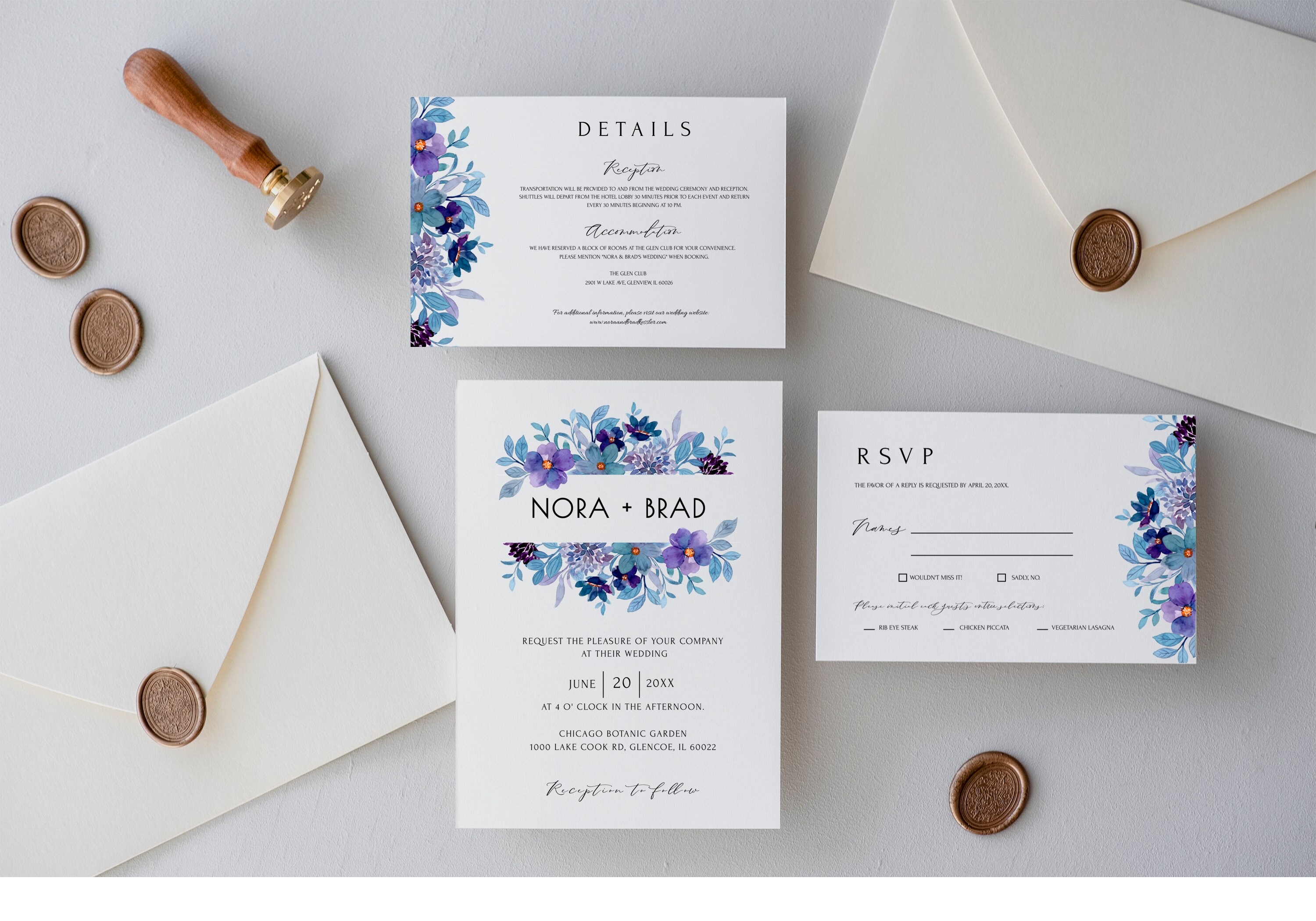 Blue Floral Wedding Invitation Set, Printable Wedding Invitation, Baby ...