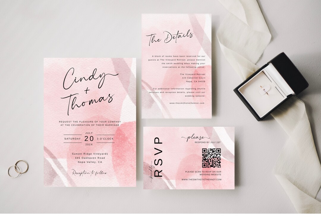Blush Pink Wedding Invitation, Modern Pink Invitation Set, Pink ...