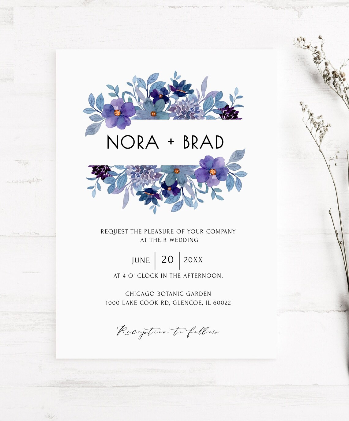 Blue Floral Wedding Invitation Set, Printable Wedding Invitation, Baby ...