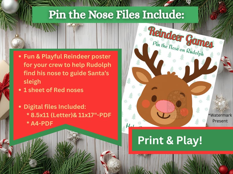 Pin the Nose on Rudolph Game | Christmas Party Printable (digital) - Etsy