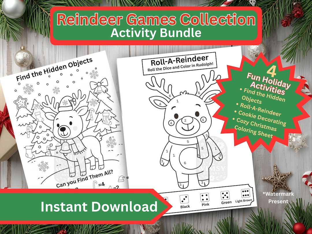 Printable Christmas Activity & Coloring Bundle | Roll a Reindeer | Find ...