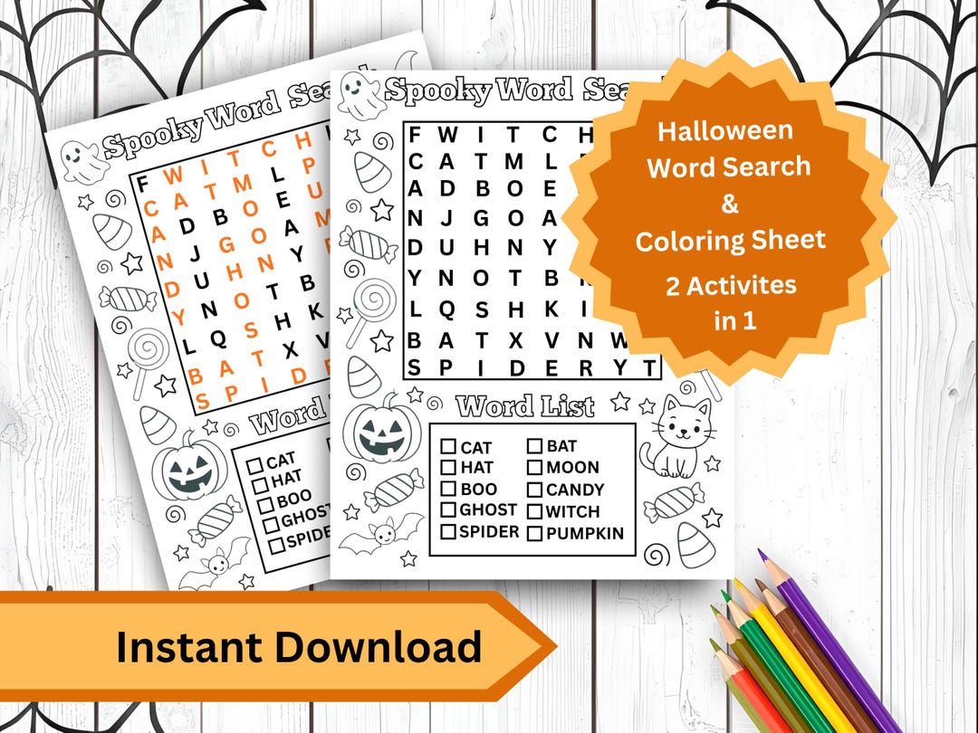 Halloween Word Search & Coloring Page: Kids Printable Activity (digital ...