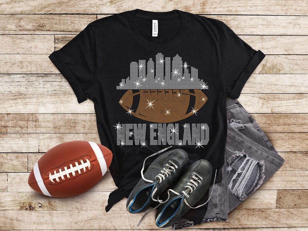 New England Rhinestone Shirt, Trend Fashion Style Shiny Football Shirt ...