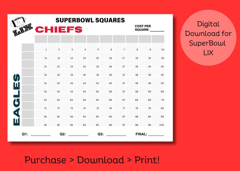 Superbowl LIX Squares Game | Digital Download | Football Squares ...