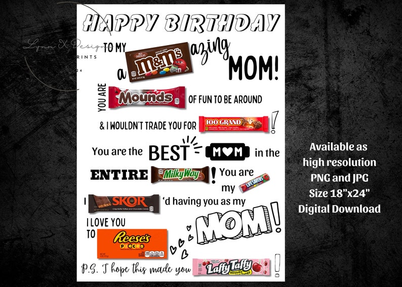 Mom Birthday Candy Poster Printable Party Decor Happy Birthday Mom ...