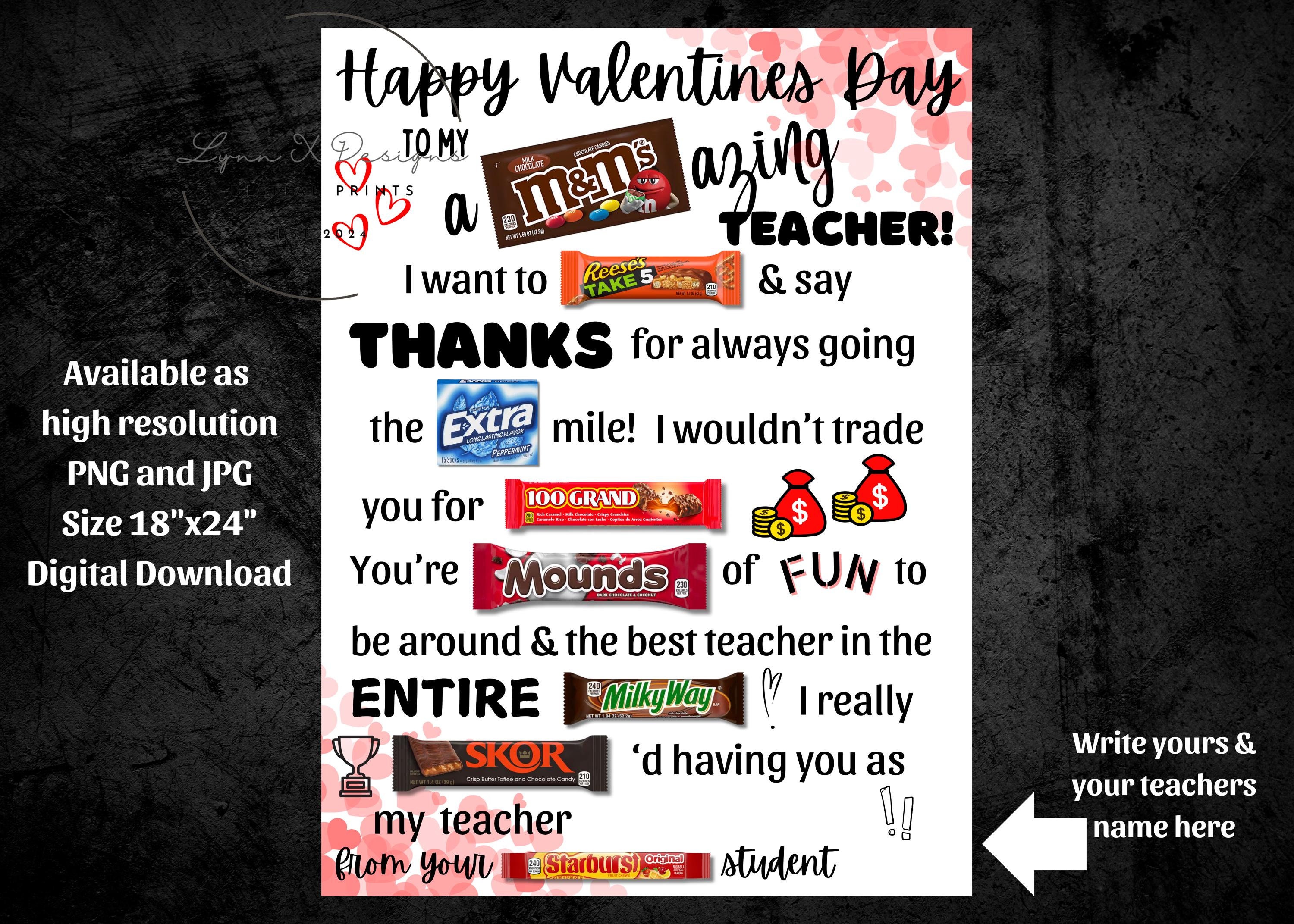 Teachers Valentines Day Candy Poster Digital Download Candy Gram Last ...