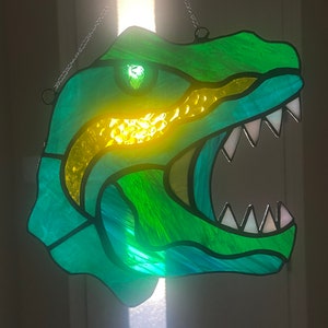 Green Iridescent T-rex Dinosaur Unique Suncatcher Stained Glass Picture ...