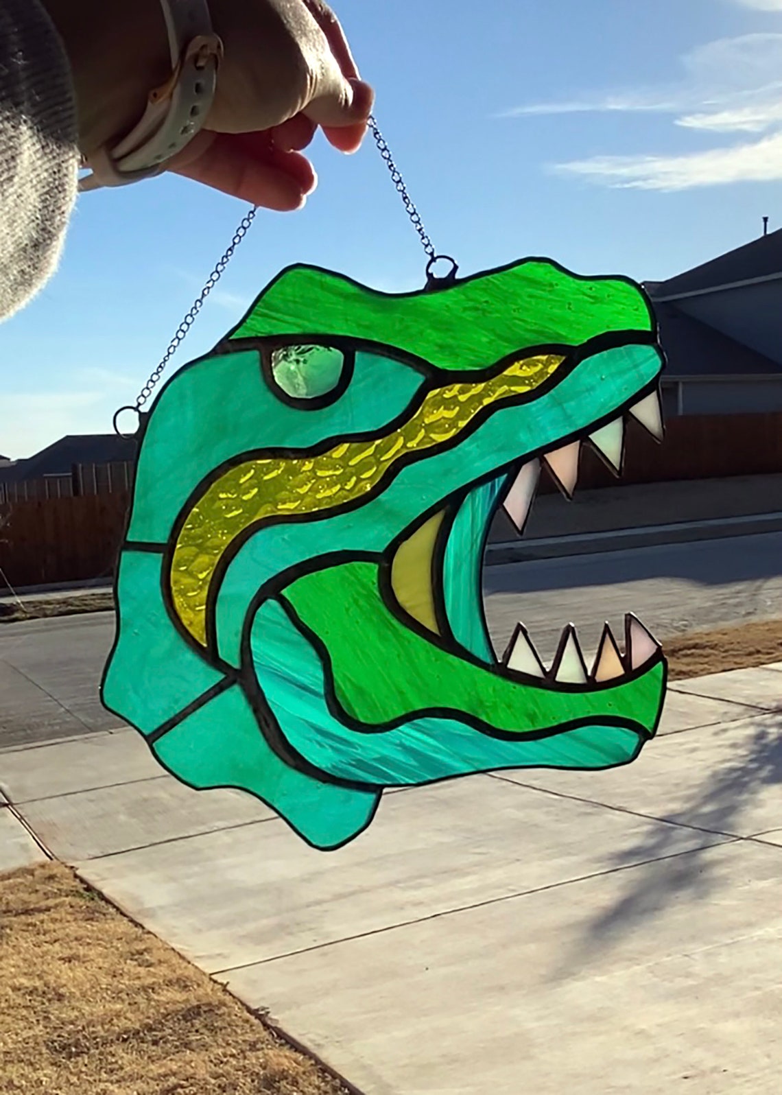 Green Iridescent T-rex Dinosaur Unique Suncatcher Stained Glass Picture ...