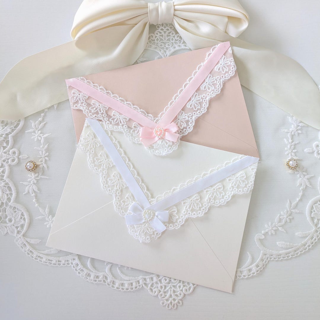 Elegant Lace Bow Envelopes | Blush Pink and White Coquette A7 Envelopes ...