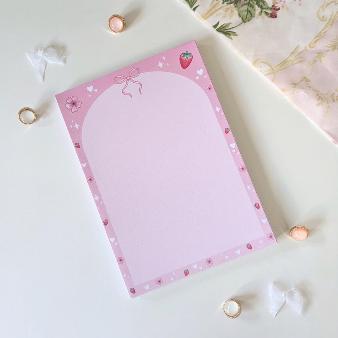 Coquette Strawberry Notepad - 50 Tear-off Pages | Handmade A6 Pink Memo ...