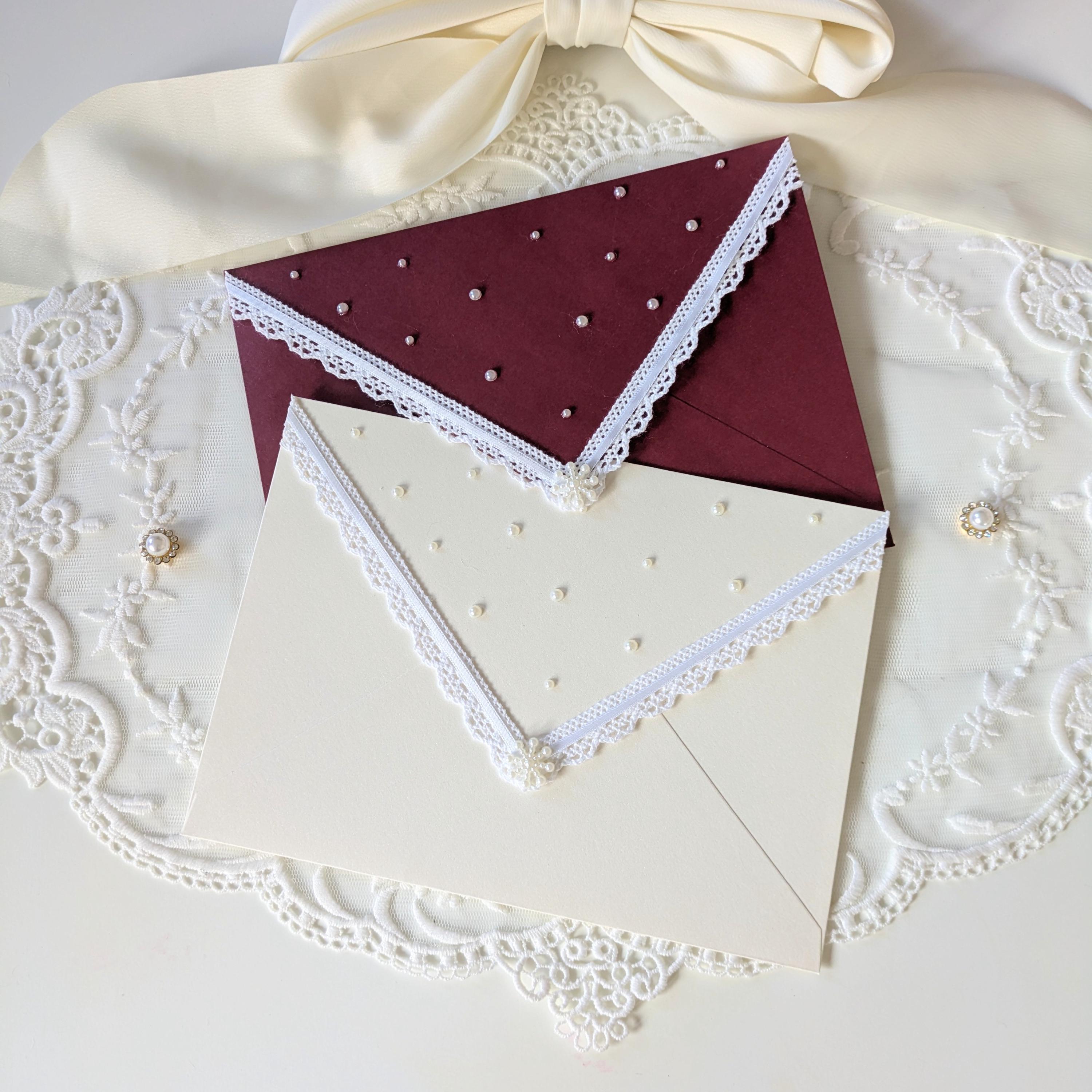 Snowy Lace Pearl A7 Envelopes | Burgundy & Ivory Envelopes for Winter ...