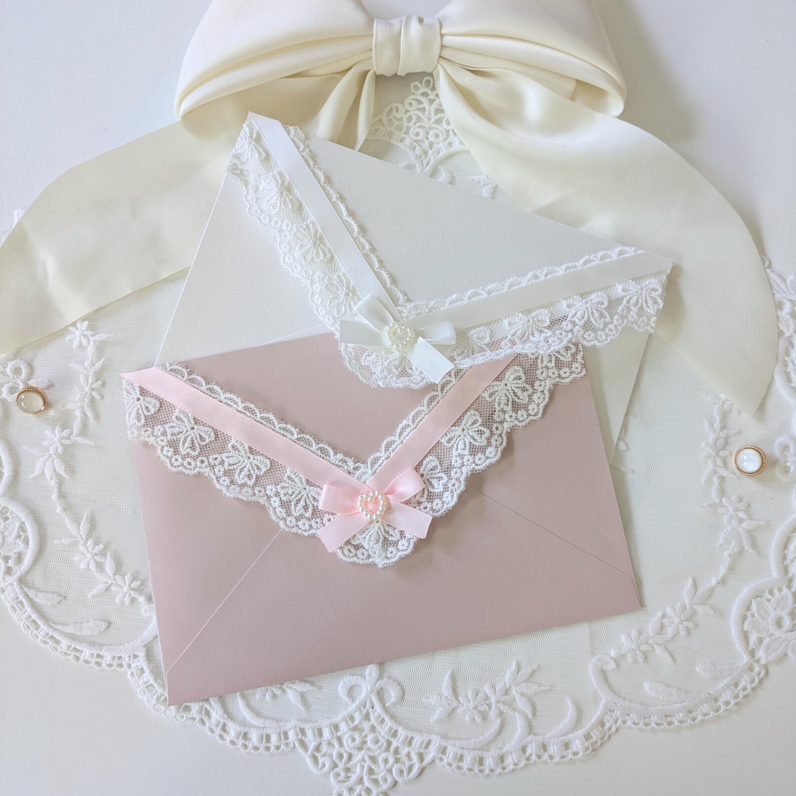 Elegant Lace Bow Envelopes | Blush Pink and White Coquette A7 Envelopes ...