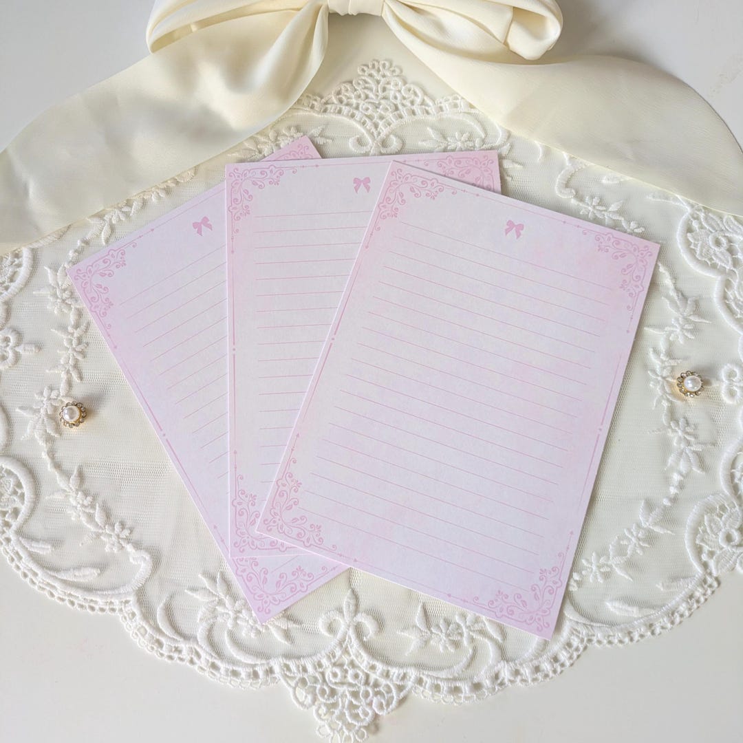 Pink Lined Letter Writing Paper Set | 5x7 Cardstock Cards With Bow for ...