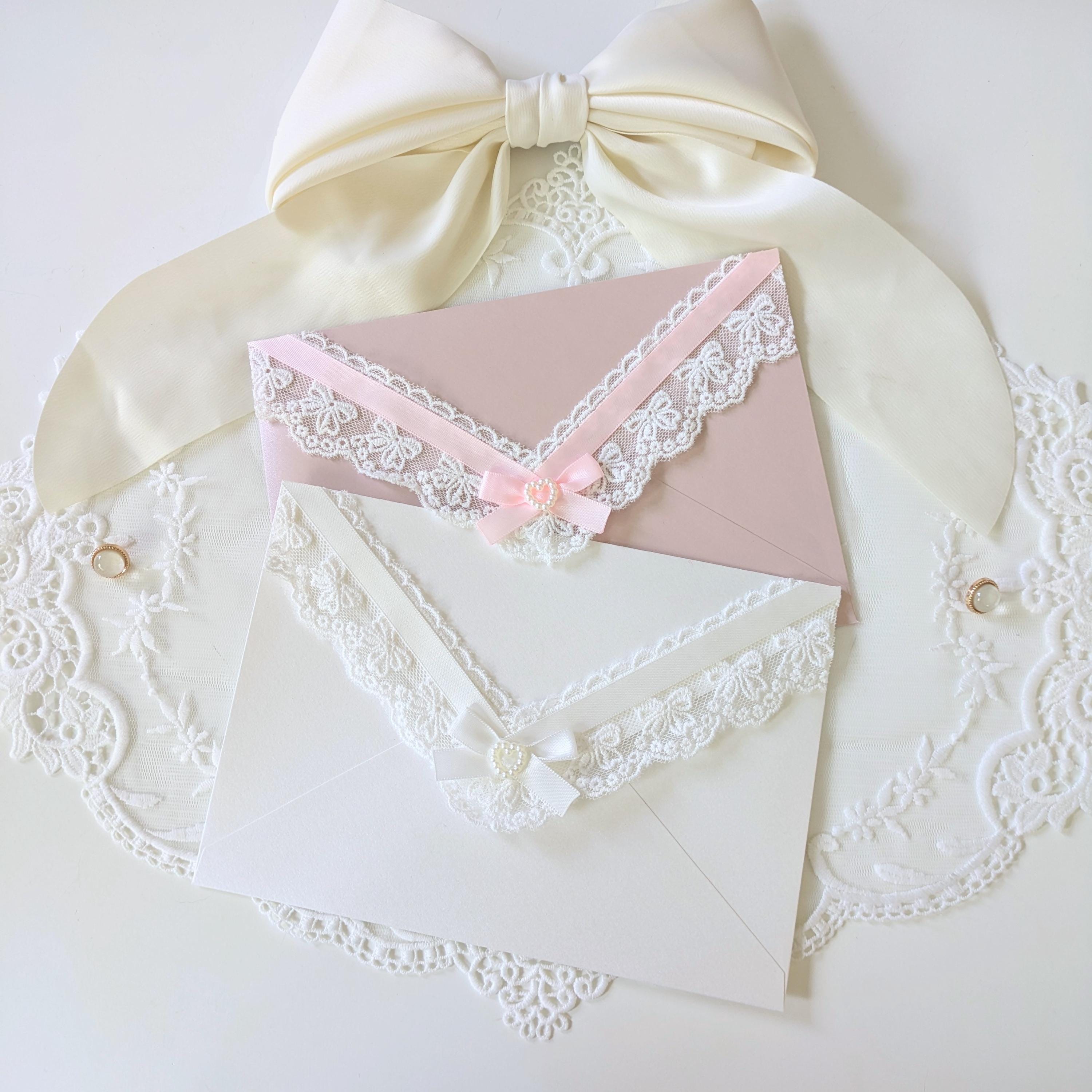 Elegant Lace Bow Envelopes | Blush Pink and White Coquette A7 Envelopes ...