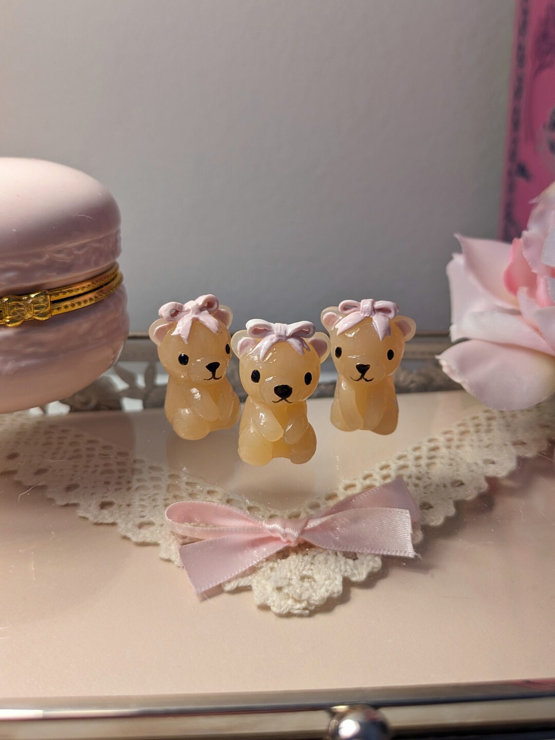 Cute Polymer Clay Desk Buddy, Kawaii Coquette Bear Figure, Clay Bear ...