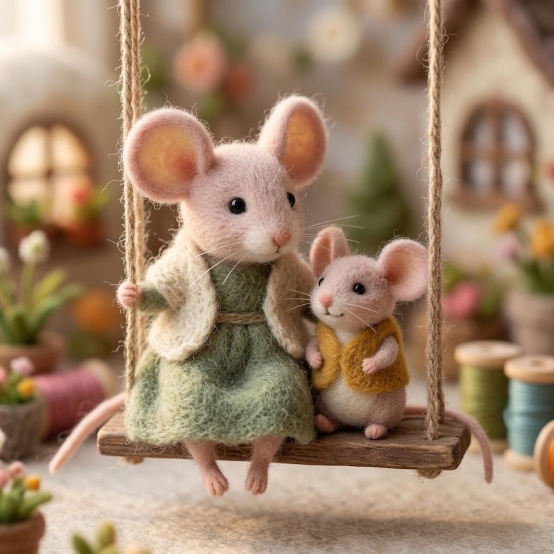 Needle Felt Mouse Family Scene, Wool Mom and Baby Mouse Miniature Decor ...
