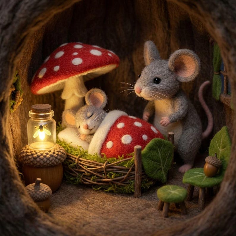 Needle Felt Mouse Family Scene, Wool Mom and Baby Mouse Miniature Decor ...