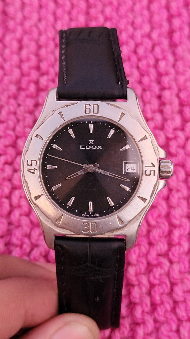 Vintage Edox Black Dial Quartz Stainless Steel Swiss Made Men's Wrist ...