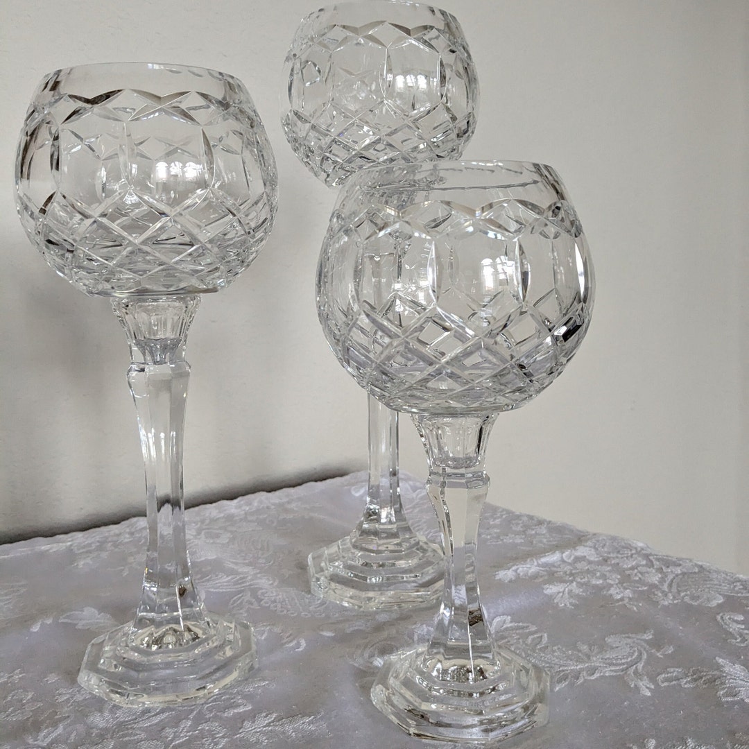 Set of 3 Crystal Globe Candle Holders on Tall Stem Octagon Shape Base ...