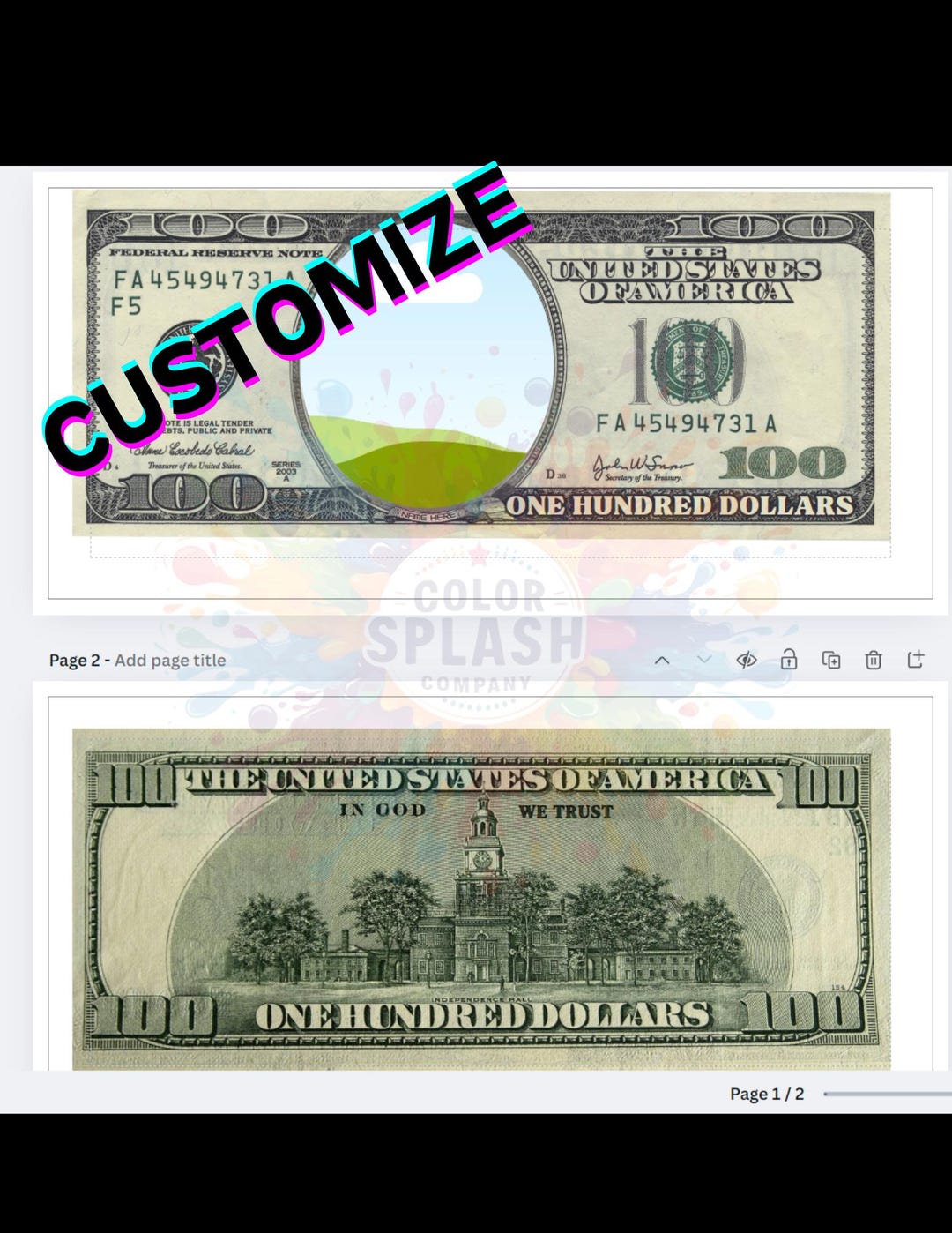 100 Dollar Bill | Template | Canva | Canva Pro| Customizable | Downloads | Party Favor | - Etsy