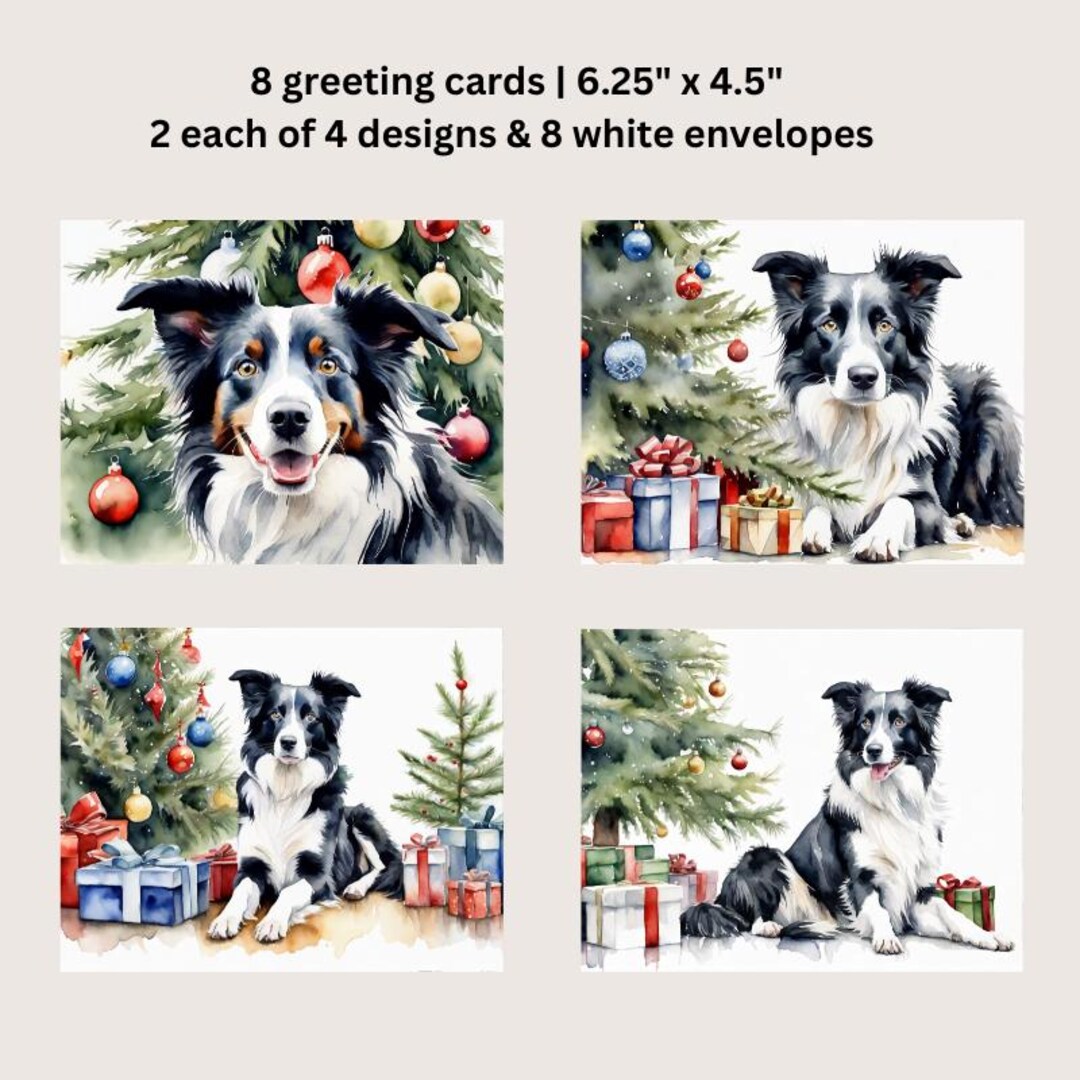 Dog Christmas Cards, Border Collie Dog, Greeting Card Set, Blank Note ...