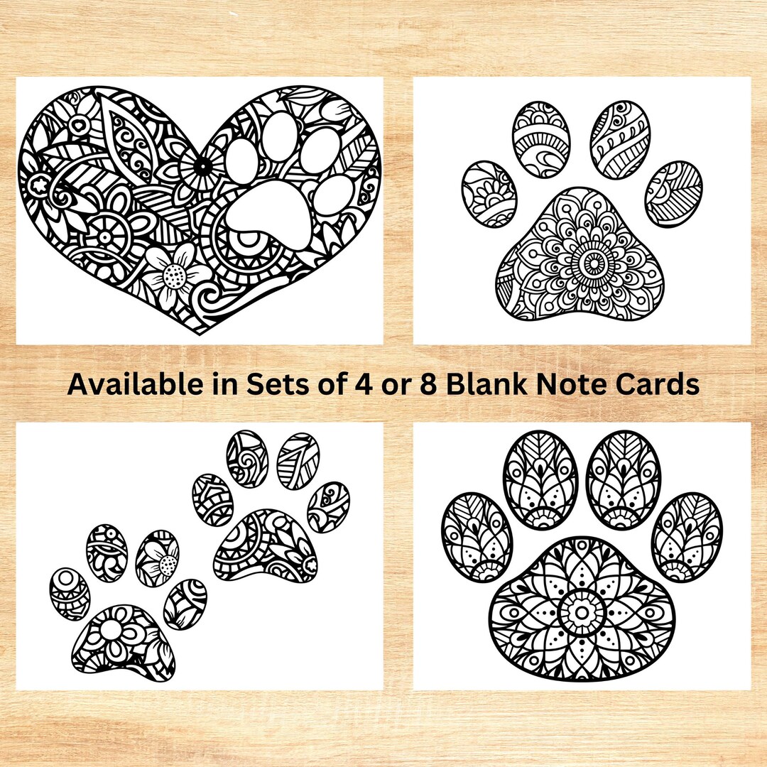 Mandala Paw Print Coloring Cards – Set of 4 or 8 Black & White Pet Note ...