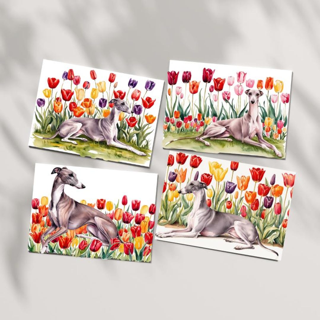 Greyhound Dog Note Cards, Tulip Art Stationery Set With Envelopes, Dog ...