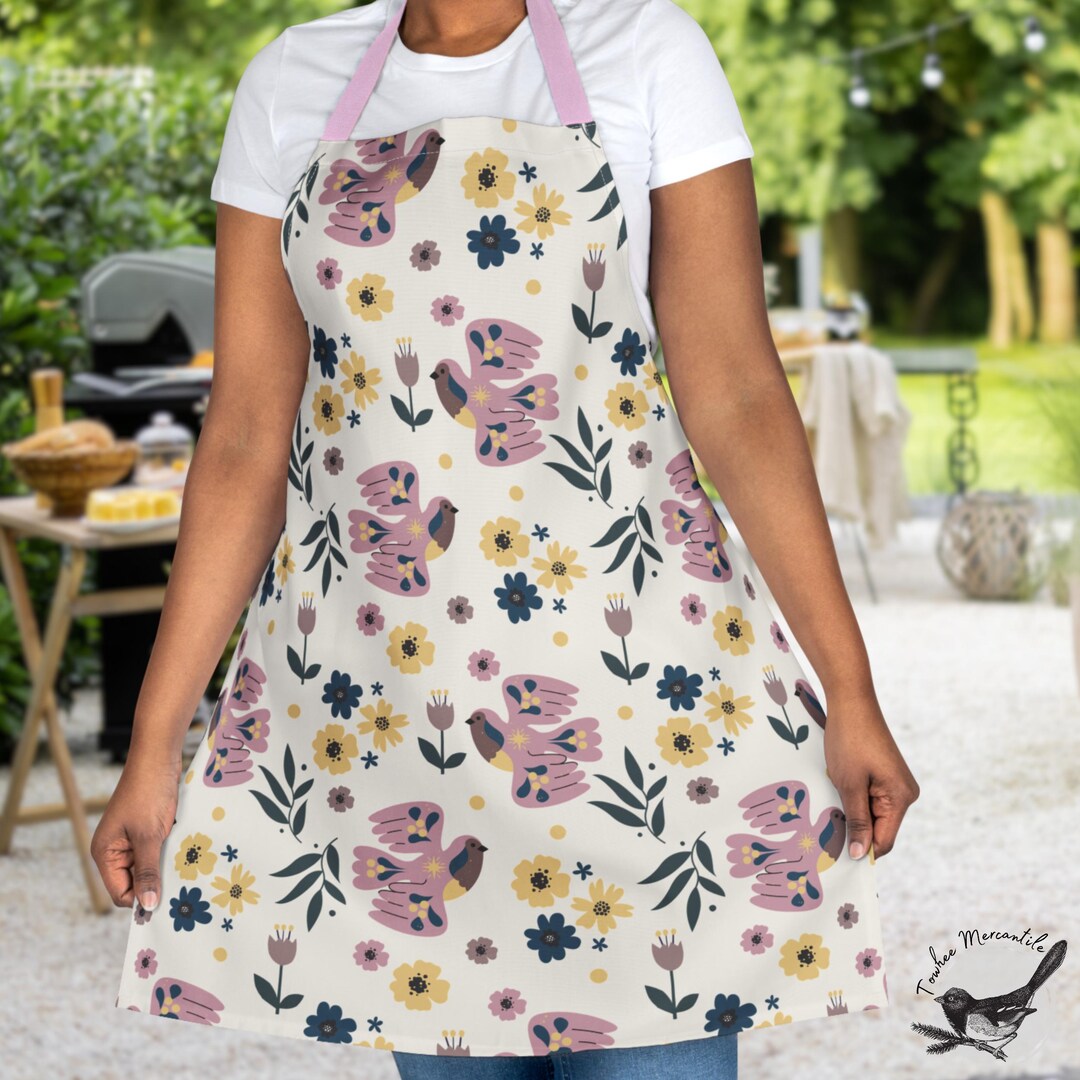 Folk Art Apron, Gift for Mom, Gift for Her, Bird and Flower Print ...