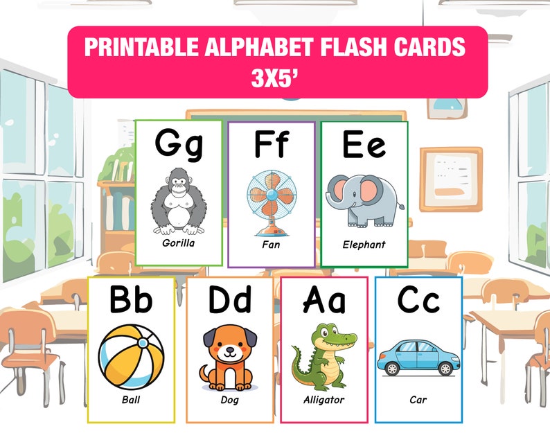 Colorful Alphabet Learning Cards Bundle Printable Flashcards A-Z 3x5 ...