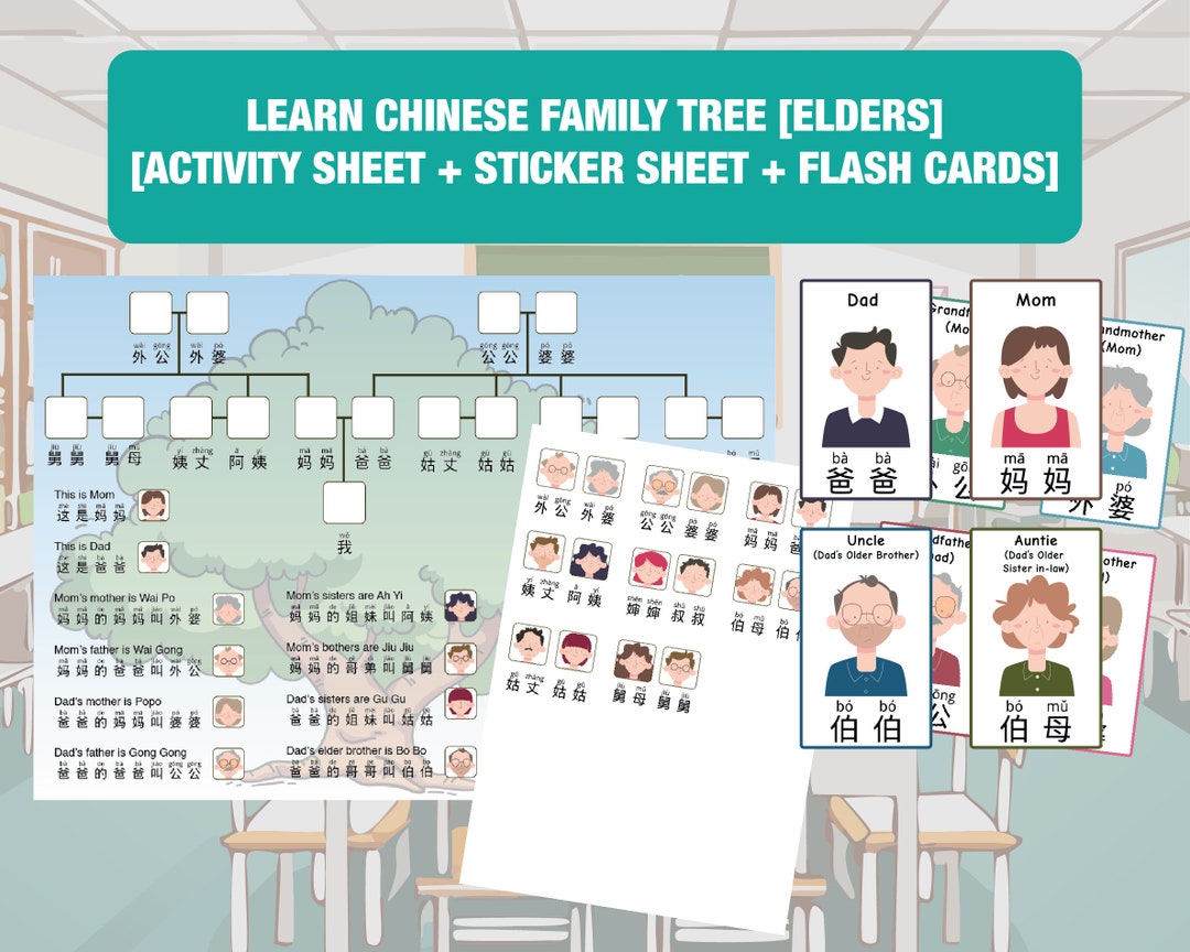 Chinese Family Tree Learning Digital Set activity Sheet Stickers Flash ...