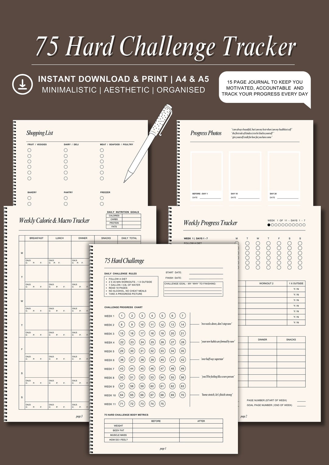 75 Hard Challenge Planner Checklist Organised Fitness Diary Calendar ...