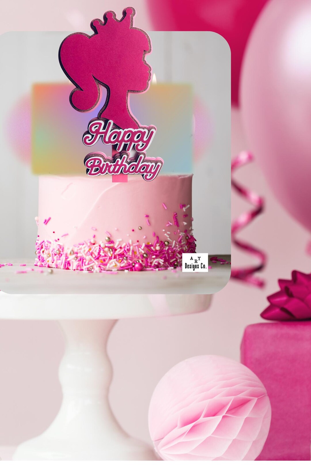 Pink Princess Doll Silhouette, Layered With Glitter, Happy Birthday ...