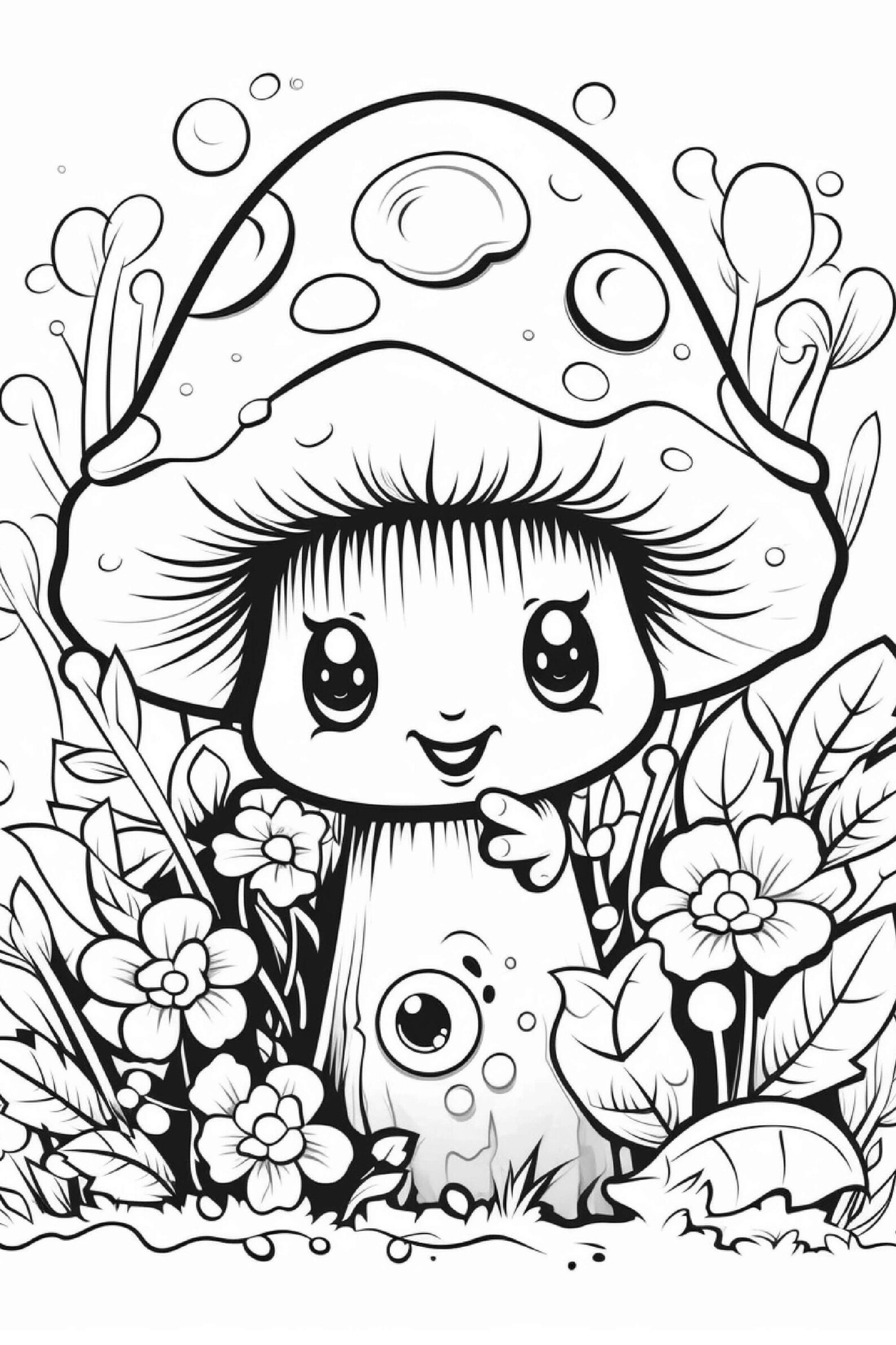 Cute Kawaii Mushroom Sticker Coloring Page Grayscale Mushroom Coloring ...