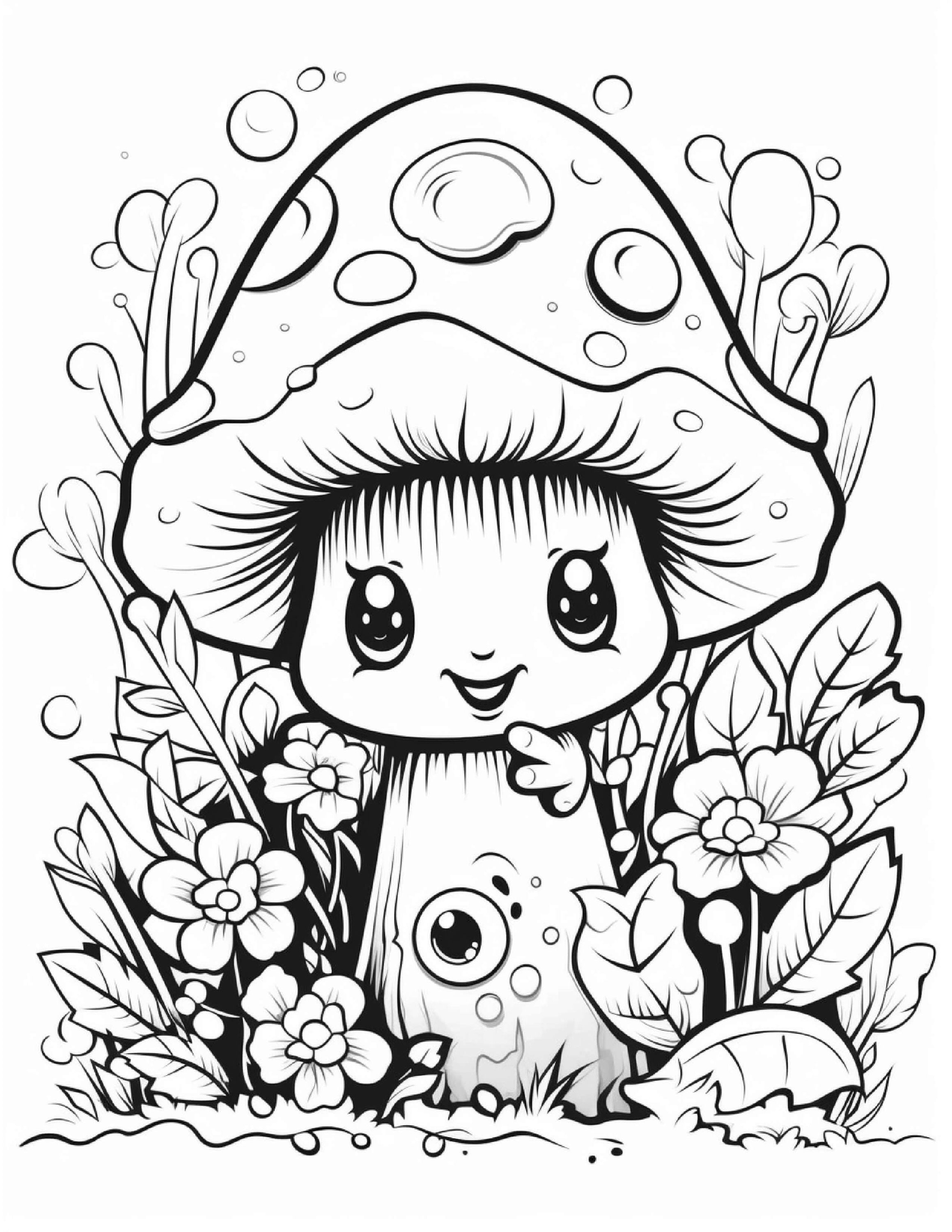 Cute Kawaii Mushroom Sticker Coloring Page Grayscale Mushroom Coloring ...