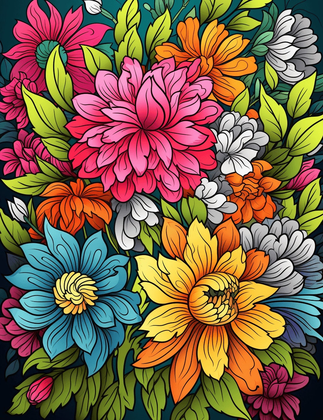 Relaxing Flowers Digital Coloring, Adult & Teen Art, Instant Download ...