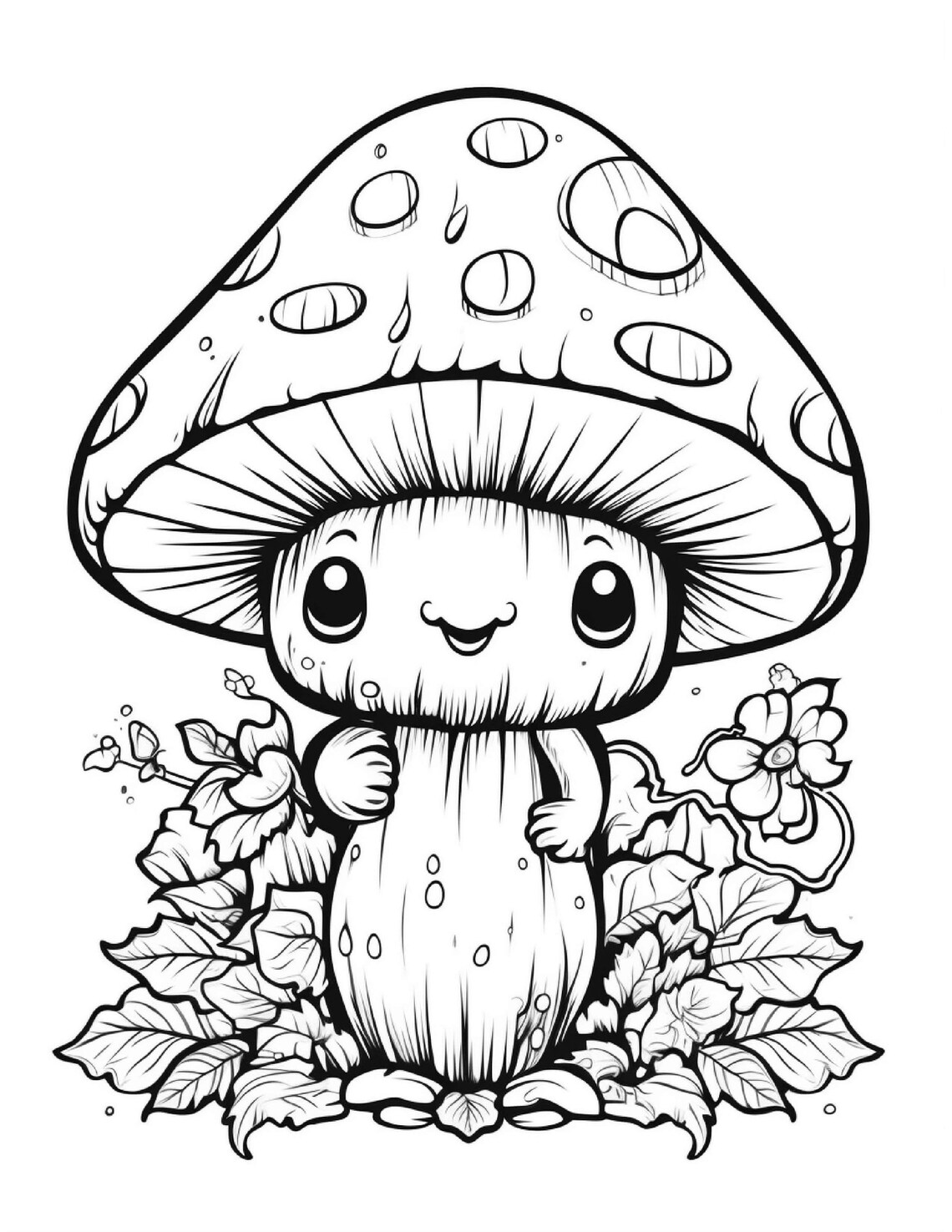 Cute Kawaii Mushroom Sticker Coloring Page Grayscale Mushroom Coloring ...