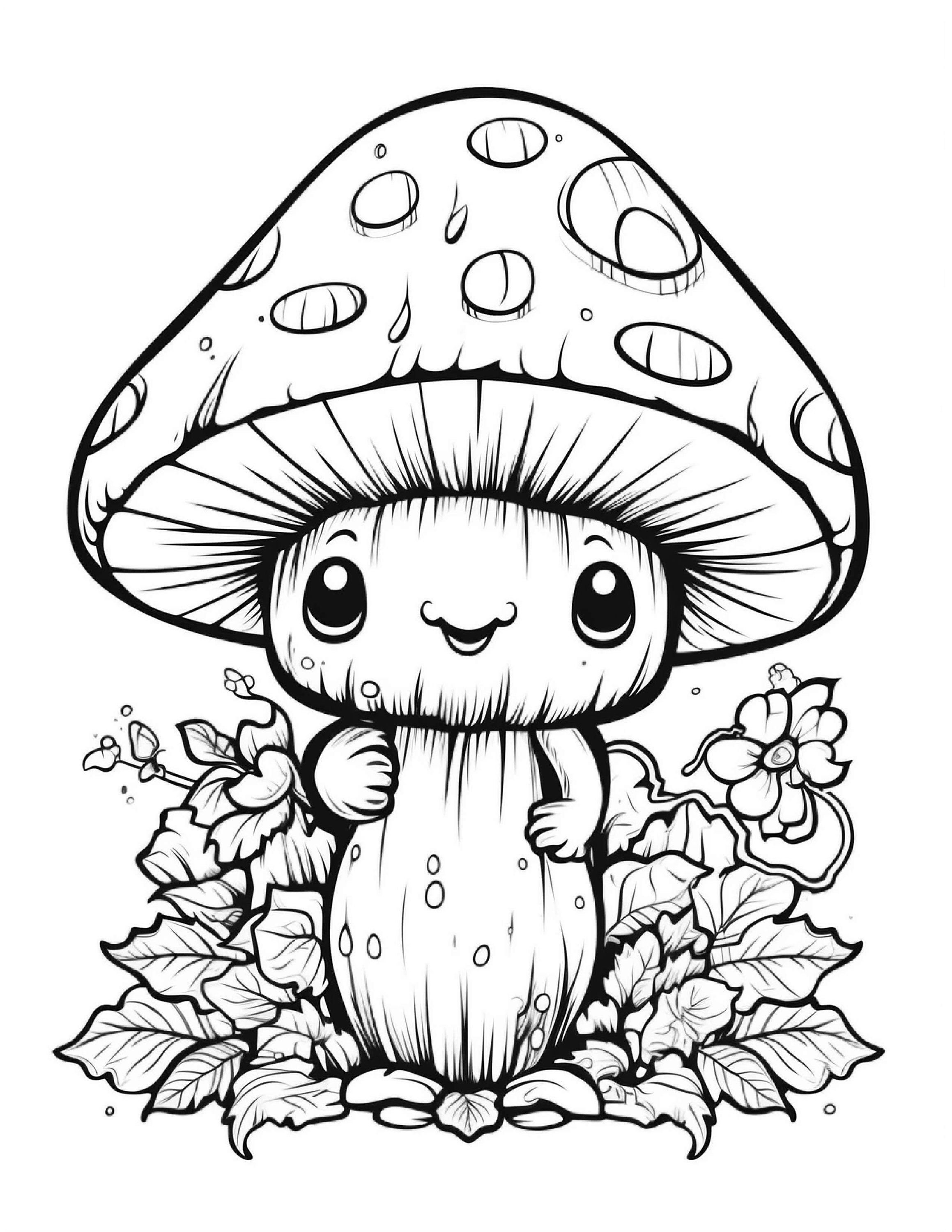 Cute Kawaii Mushroom Sticker Coloring Page Grayscale Mushroom Coloring ...