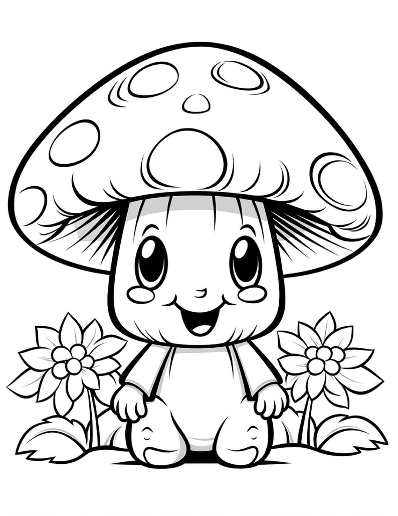 Cute Kawaii Mushroom Sticker Coloring Page Grayscale Mushroom Coloring ...