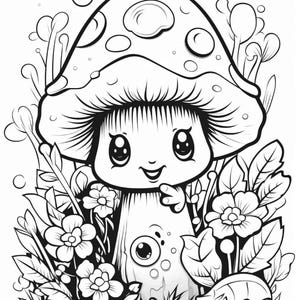 Cute Kawaii Mushroom Sticker Coloring Page Grayscale Mushroom Coloring ...