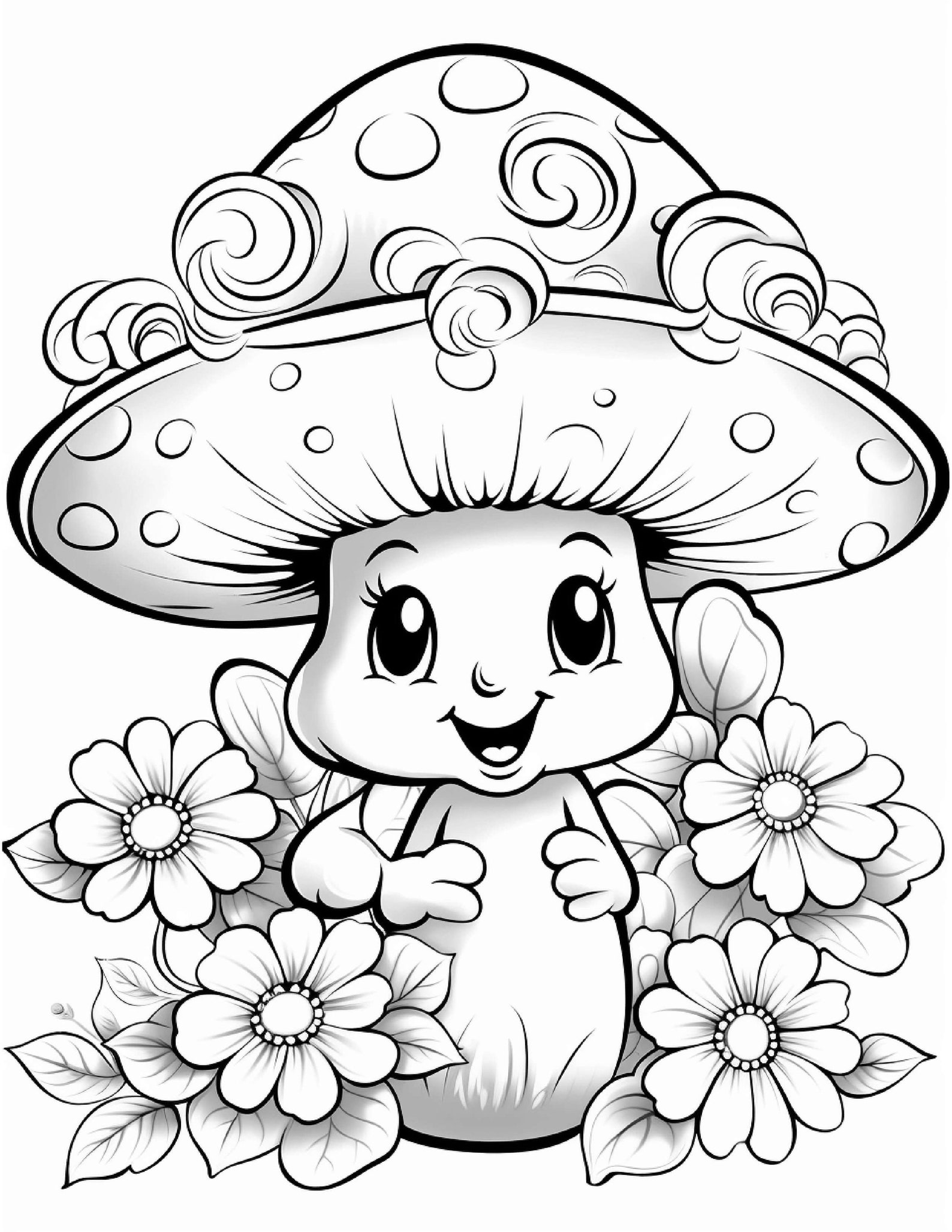 Cute Kawaii Mushroom Sticker Coloring Page Grayscale Mushroom Coloring ...