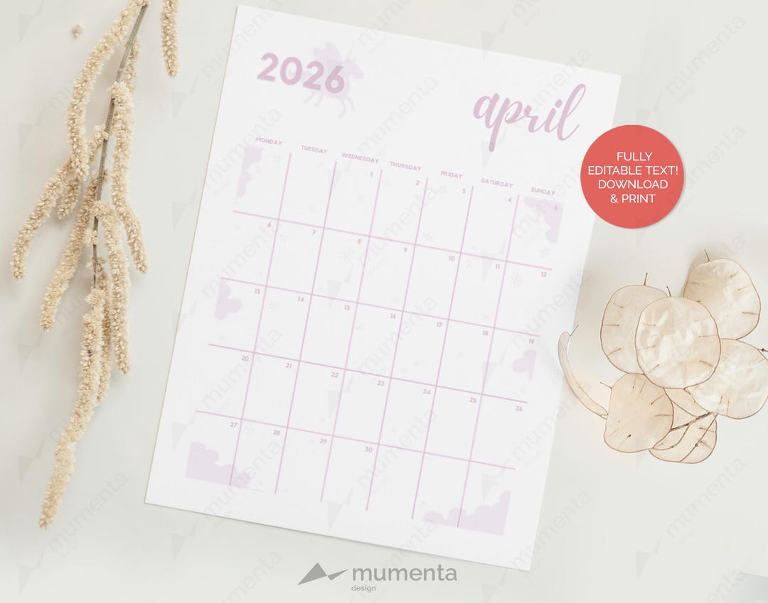2026 Monthly Vertical Calendar, Kids Unicorn Printable Monthly Planner ...
