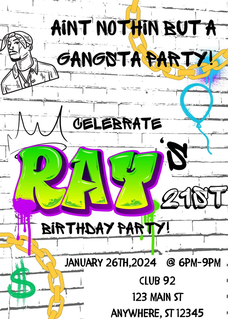 Aint Nothin but A Gangsta Party Birthday Invitation, Adult Birthday ...