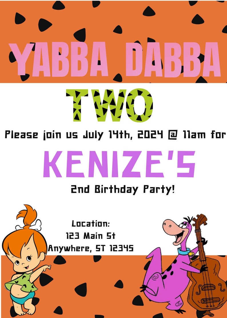 Yabba Dabba TWO Girls Birthday Invitation, Flintstones Birthday ...