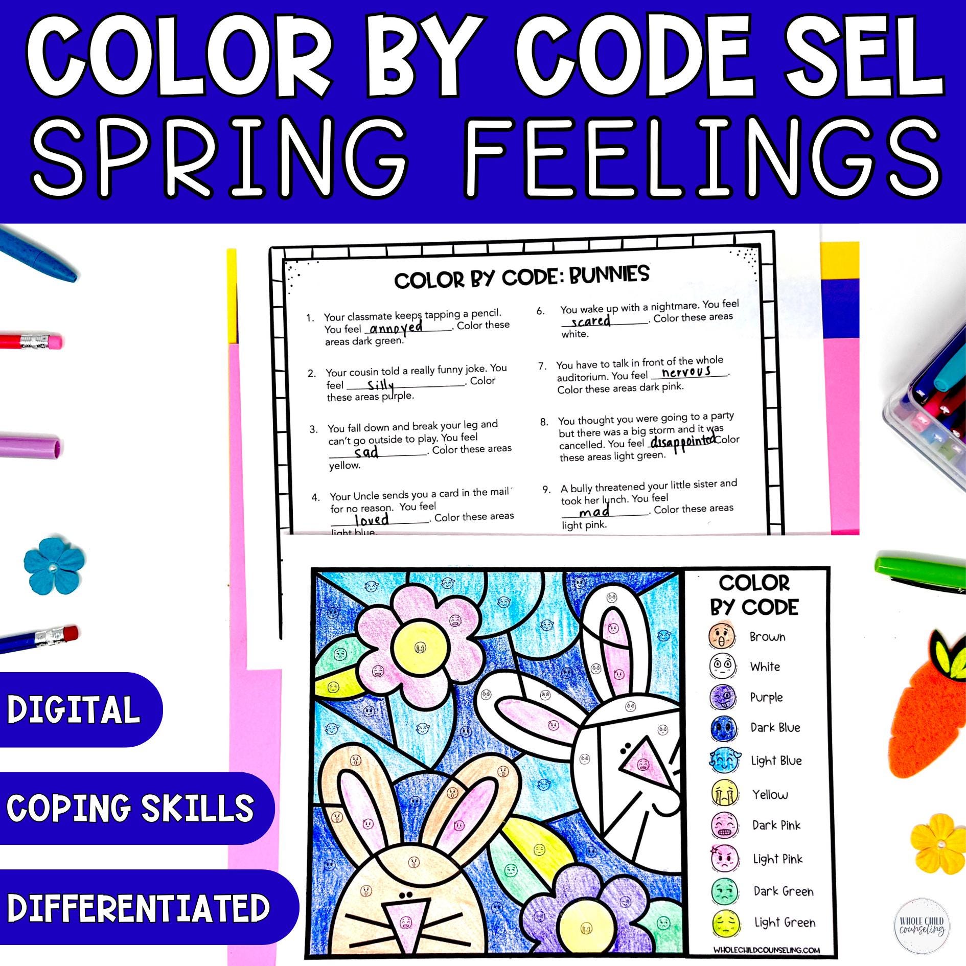 Spring Color by Code Bunny, Social Emotional Learning Regulation Tools ...